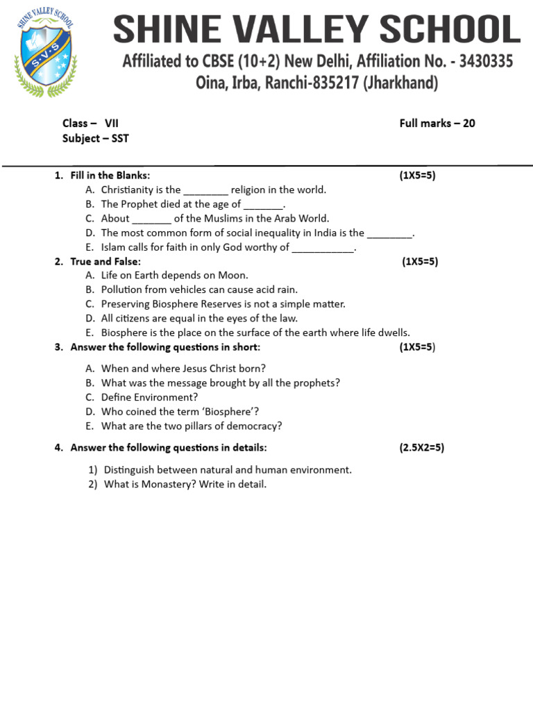 Class VII SST Worksheet: Fill Blanks & Questions | PDF