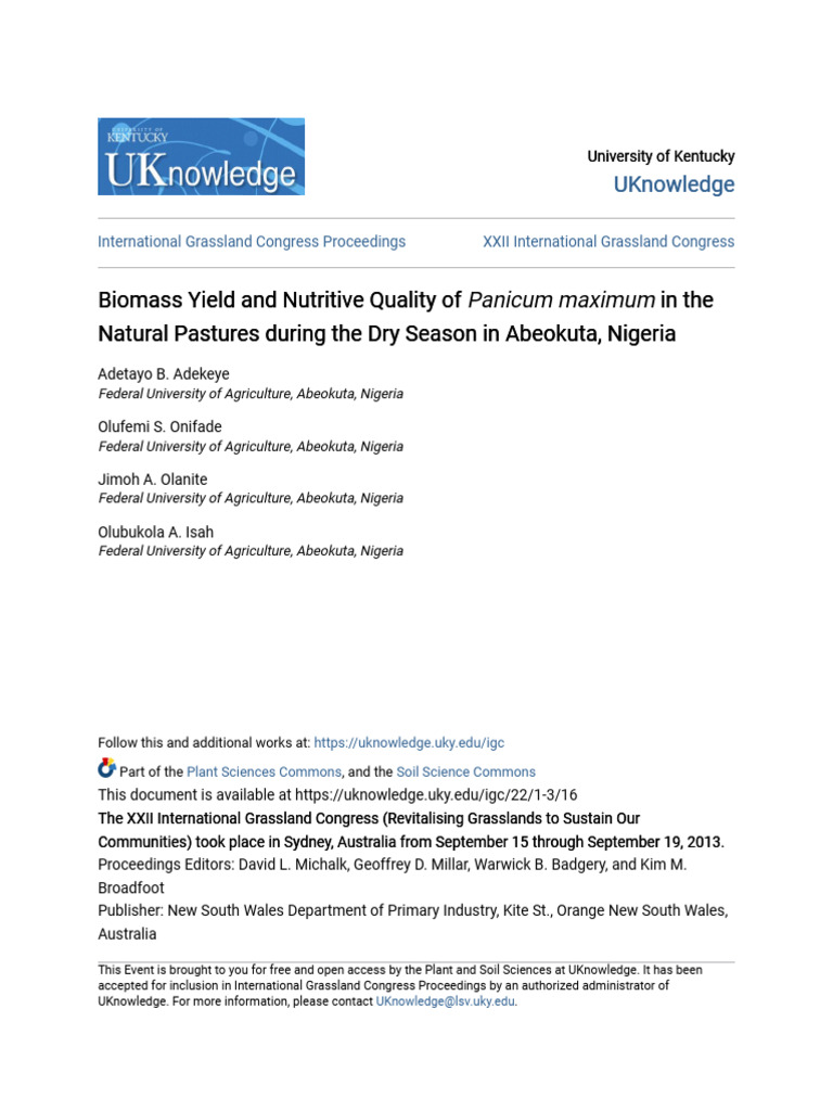Biomass Yield and Nutritive Quality of Panicum Maximum in The Natural ...