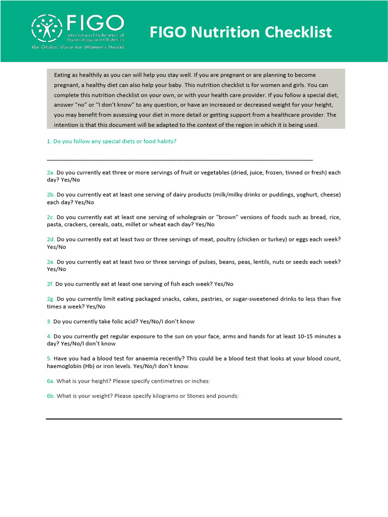 FIGO English Nutrition Checklist With Template | PDF | Nutrients | Vitamin