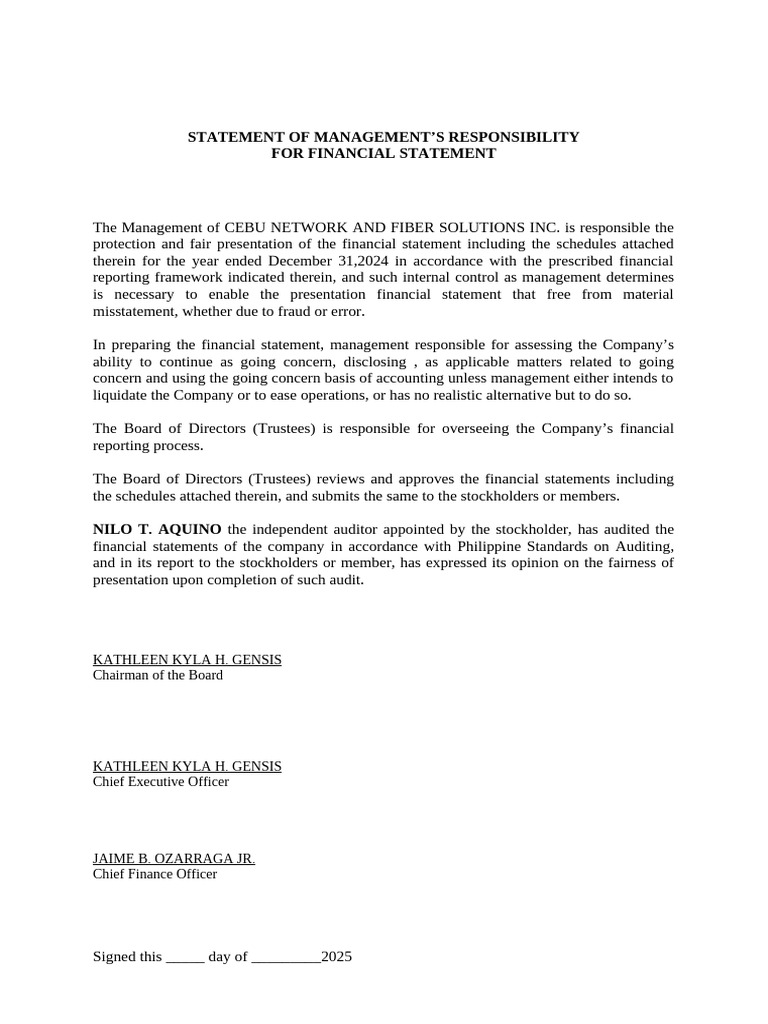 Management Responsibility Statement 2024 | PDF