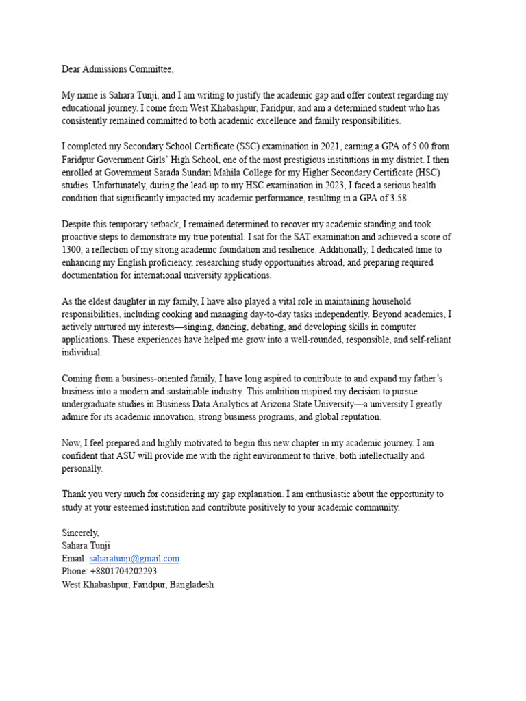 Shahara Tunji Gap Justification Letter | PDF | Arizona State University