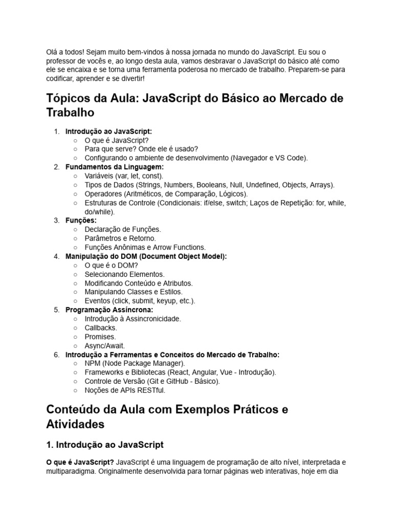 Tópicos Da Aula - JavaScript Do Básico Ao Mercado de Trabalho - . | PDF | Script Java | Modelo ...