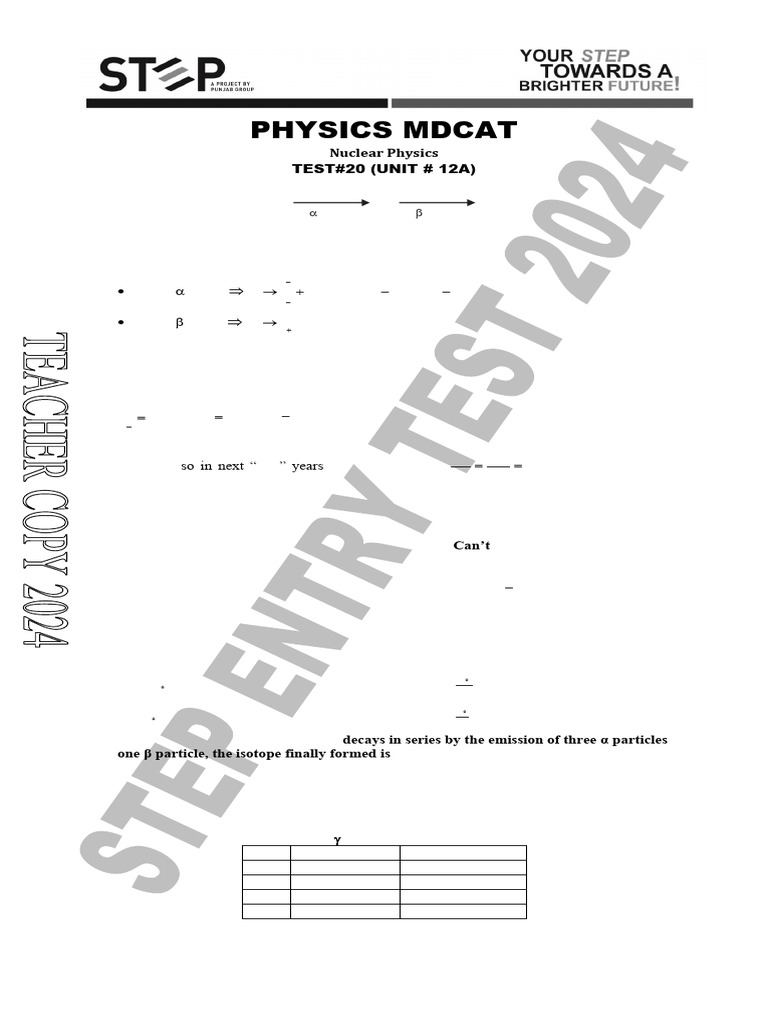 MDCAT 2024 Nuclear Physics Test 20 | PDF | Radioactive Decay | Isotope