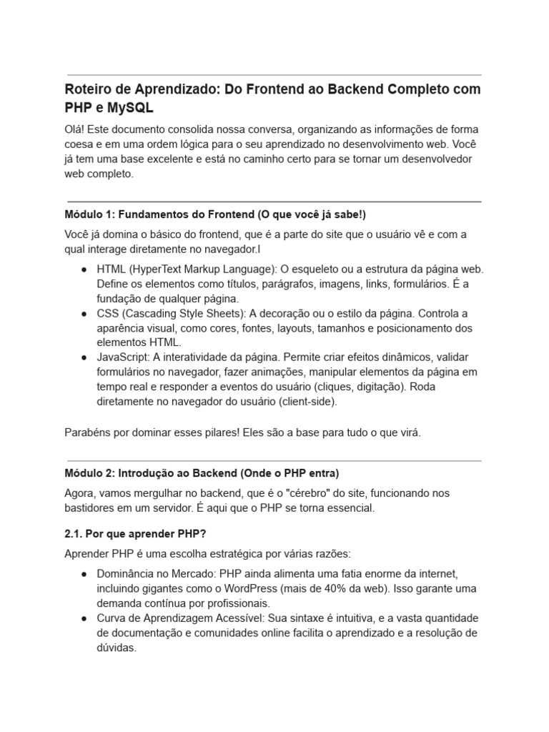 Roteiro de Aprendizado_ Do Frontend ao Backend Completo com PHP e MySQL | PDF | Php | Rede ...