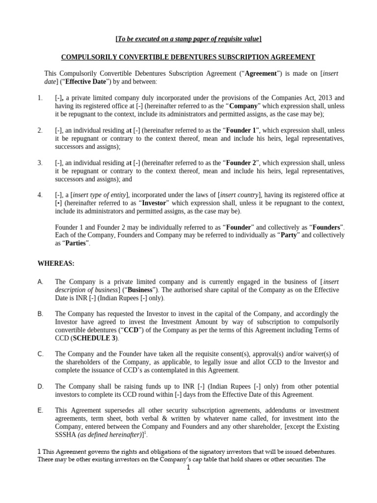 Compulsorily Convertible Debentures Agreement | PDF | Indemnity | Non ...
