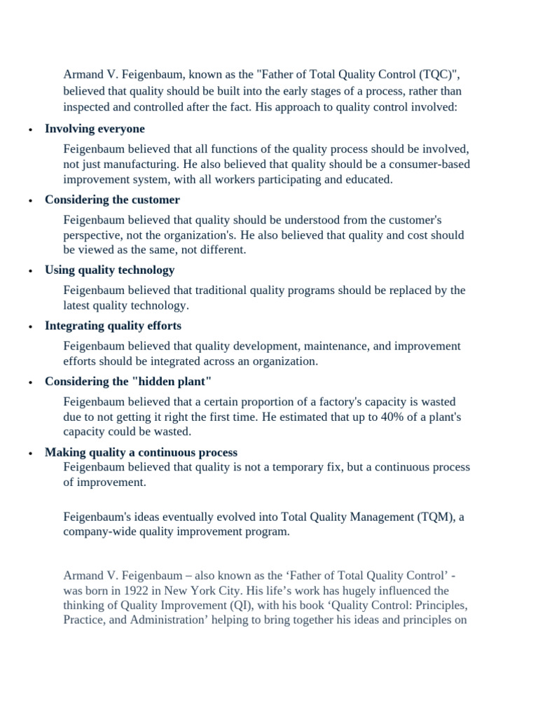feigenbaum approach to total quality control | PDF | Quality Management ...