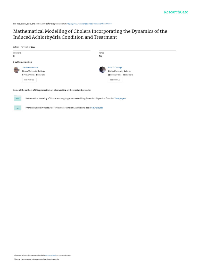 Mathematical Modellingof Cholera Incorporating | PDF | Cholera