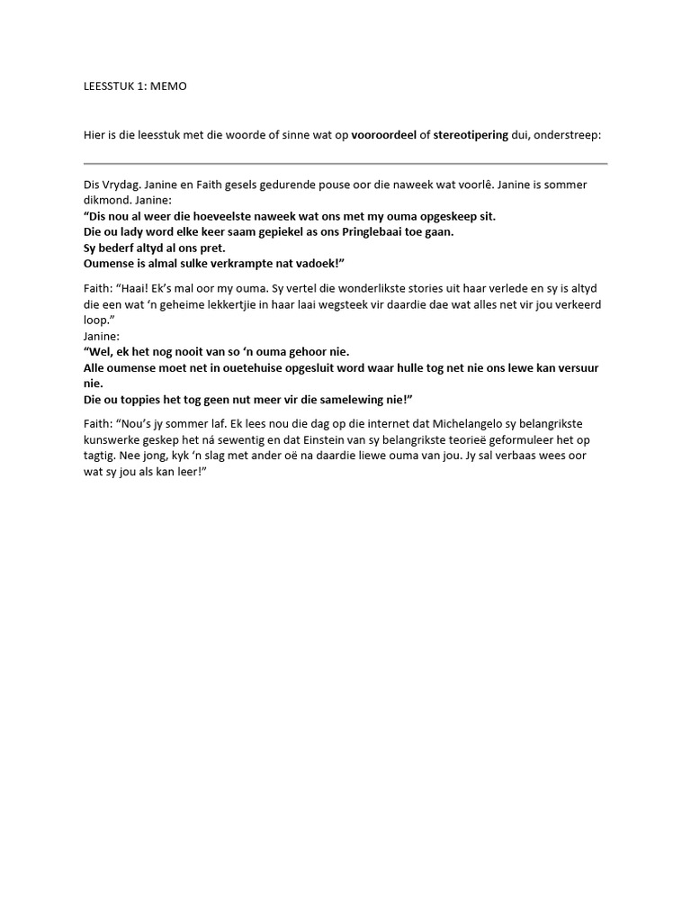 Leesstuk 1 Memo | PDF