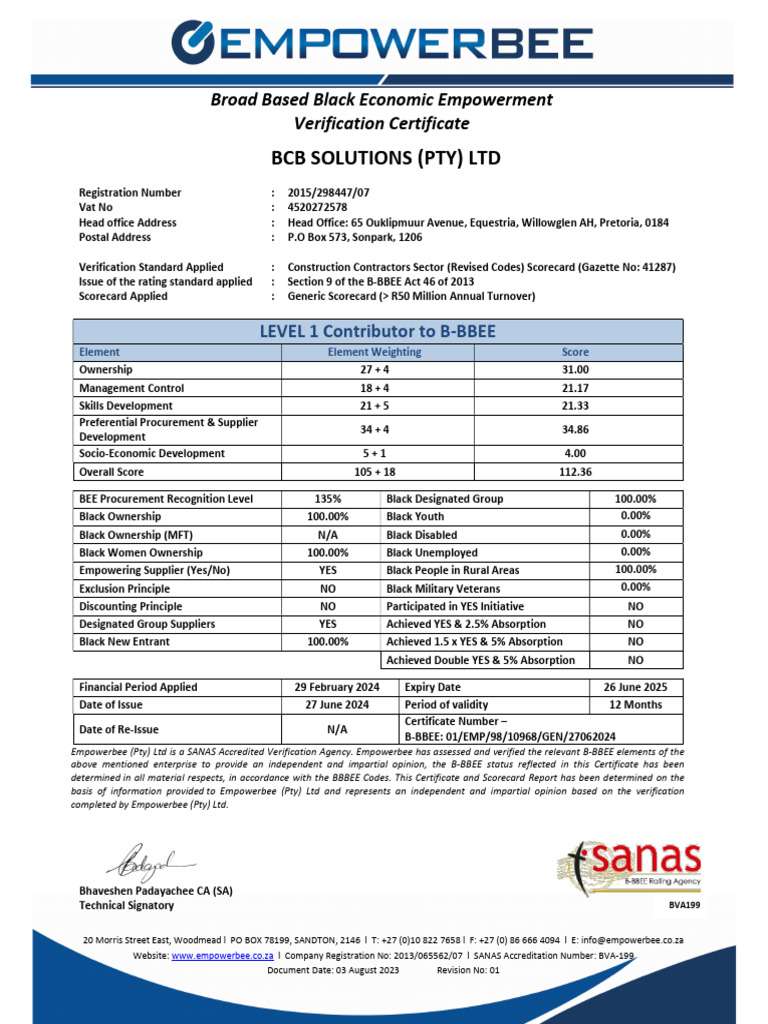 B-BBEE Level 1 Certificate for BCB Solutions | PDF | Economies