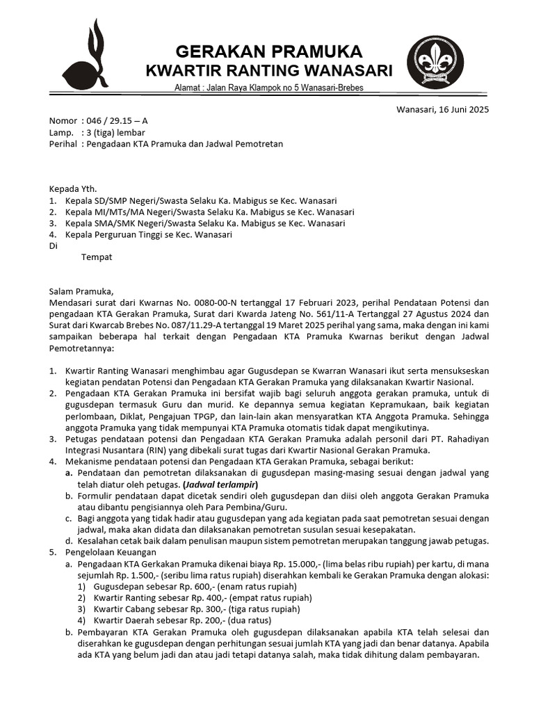 Surat Edaran Jadwal Pemotretan KTA Pramuka Kwarnas. | PDF