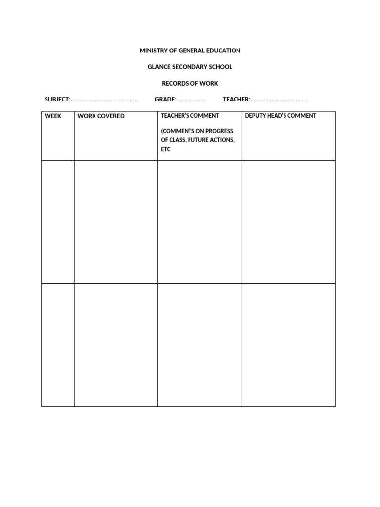Records of Work Template for Teachers | PDF