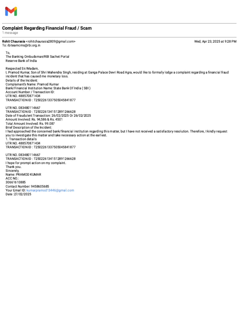 Financial Fraud Complaint to RBI | PDF