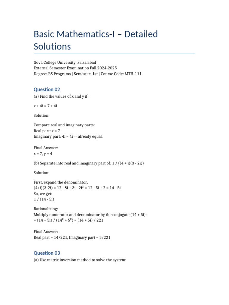 Basic Mathematics I Solutions | PDF