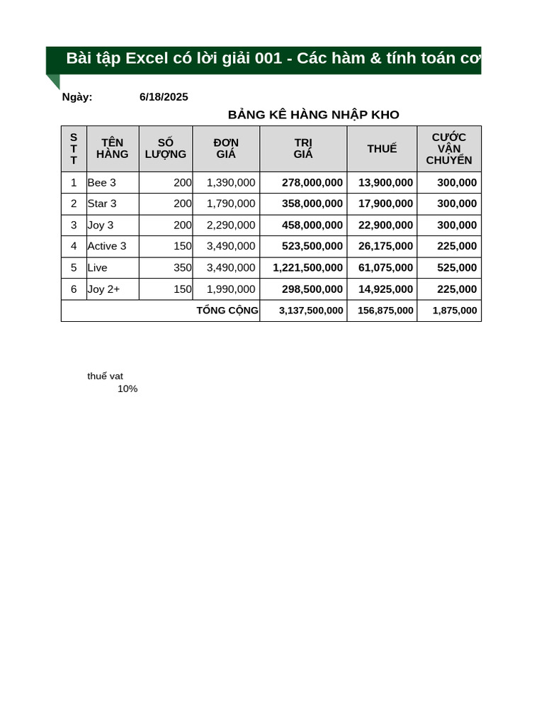 Bai Tap Excel 001 | PDF
