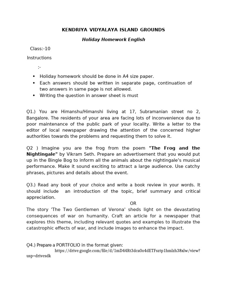 Class 10 Holiday Homework Guidelines | PDF