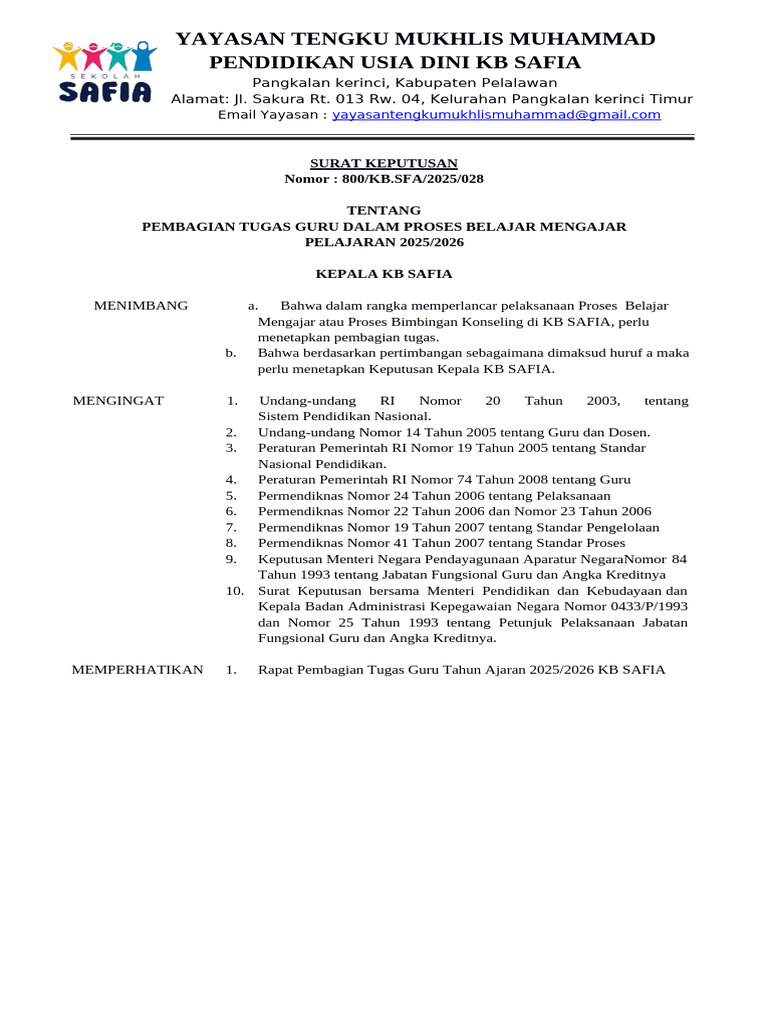 SK Pembagian Tugas KB Safia | PDF