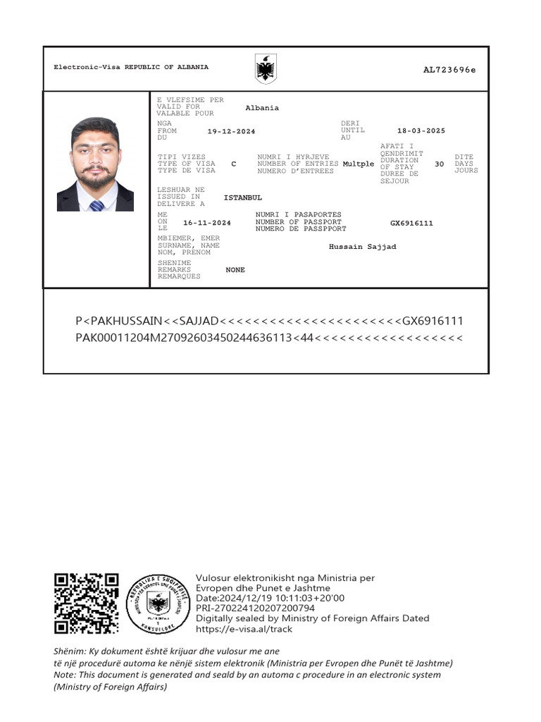 Sajjad Hussain Albania E-Visa | PDF