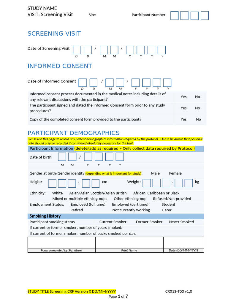 02 - CRF Templates Screening Visit | PDF | Clinical Medicine | Medicine