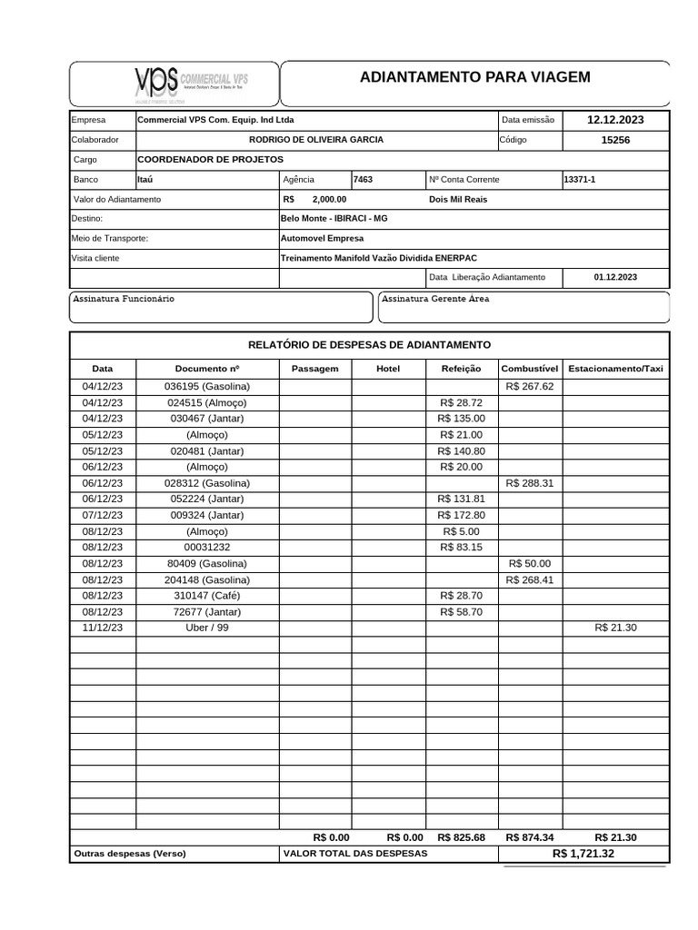 Adiantamento de Viagem - BMTE - IBIRACI - MG - 01.12.2023 | PDF