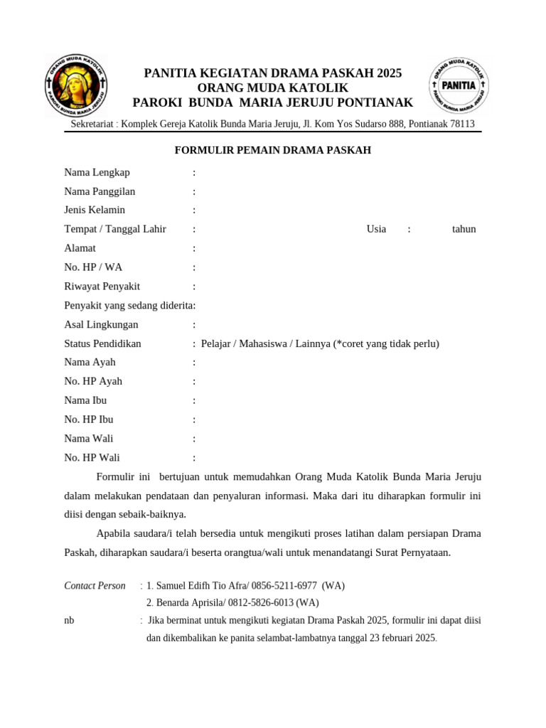 Formulir Pemain Drama Tablo 2025 | PDF