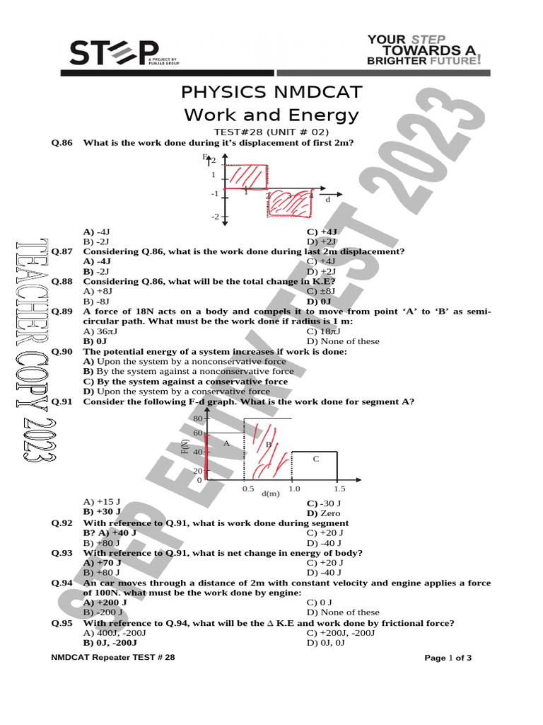 NMDCAT Physics Work and Energy Test 28 | PDF | Force | Mass