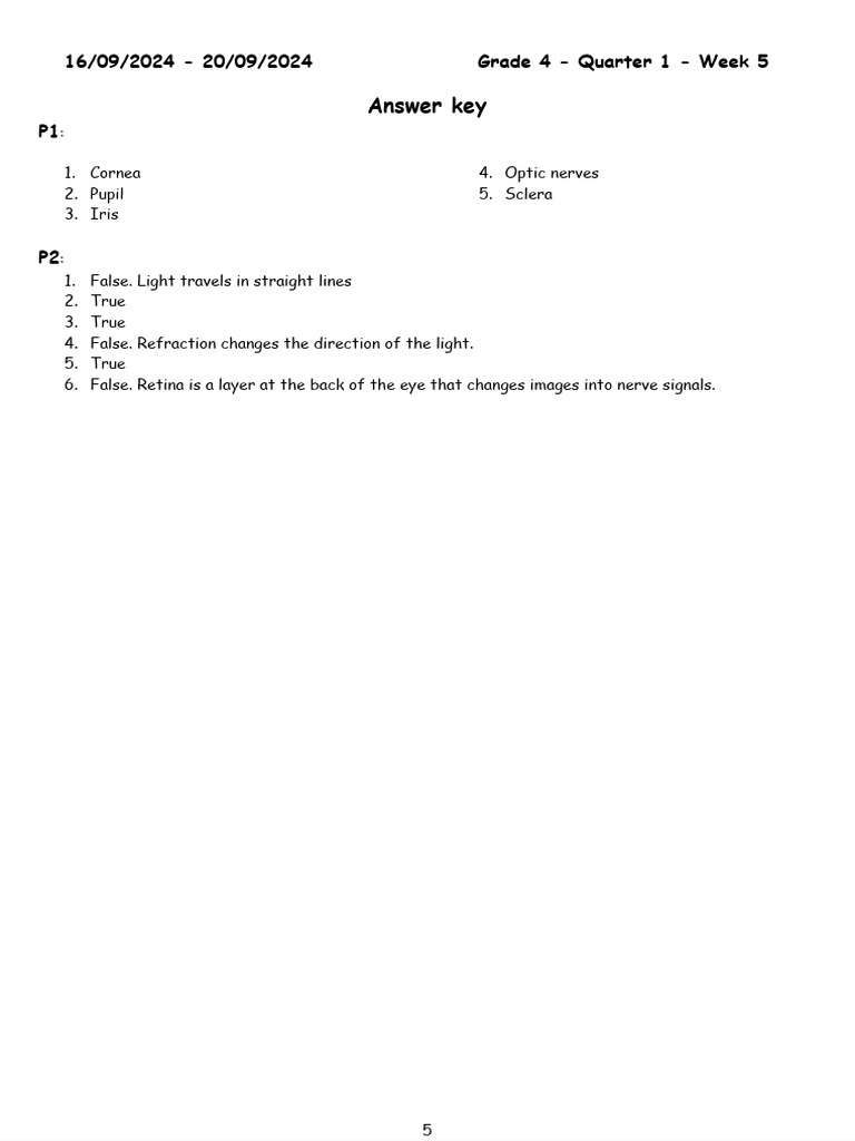 WS Answer Key - Grade 4 - Q1 - W5 - Science | PDF