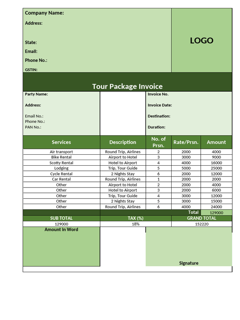 Tour Package Invoice Format | PDF