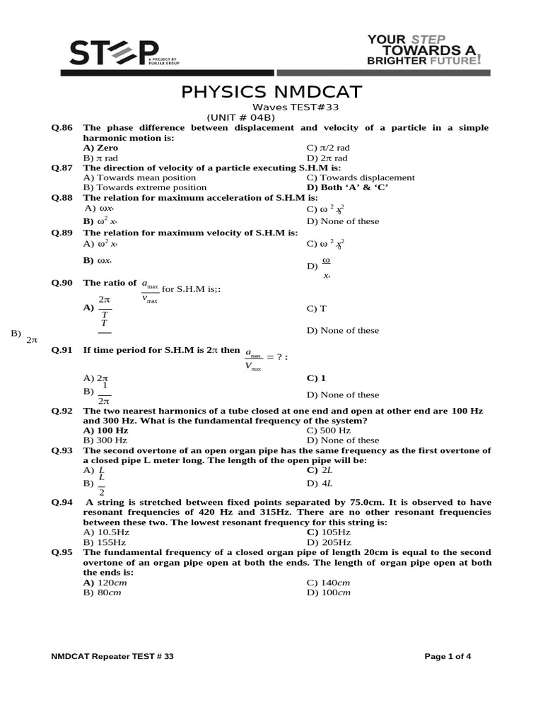 NMDCAT Physics Waves Test 33 | PDF | Sound | Harmonic