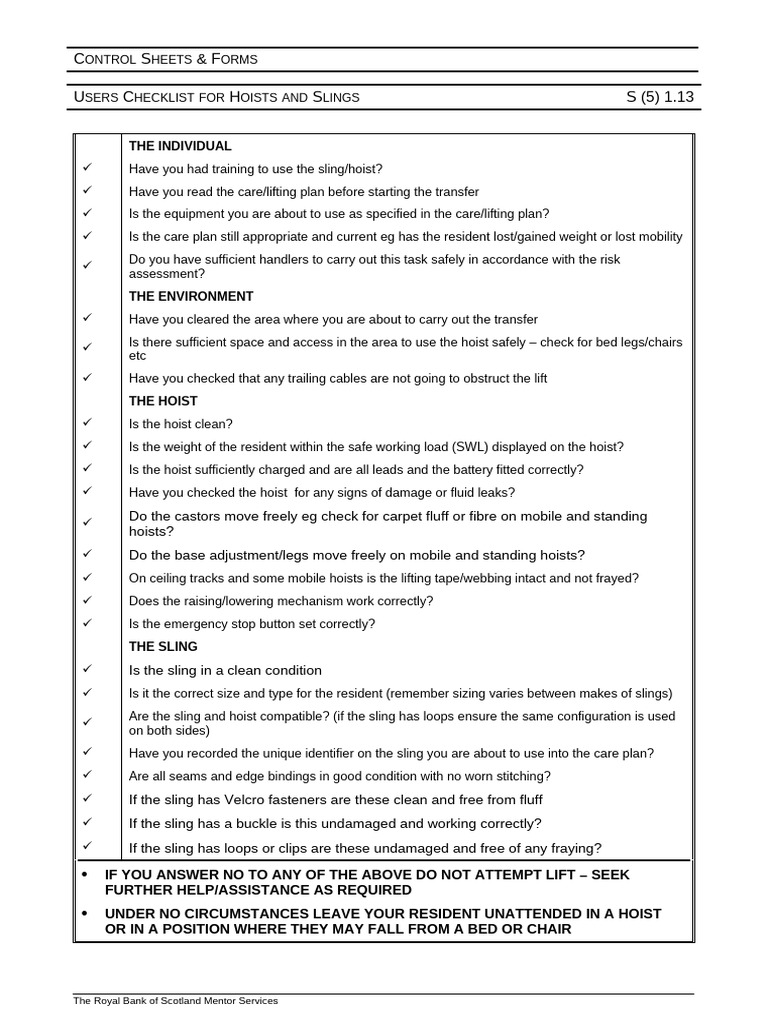 Checklist - Pre-Use Inspection Slings and Hoists | PDF