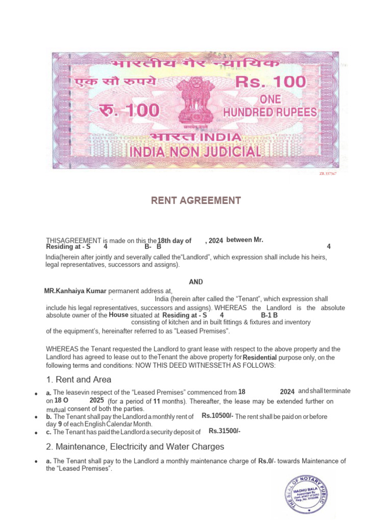 Rent Agreement K.Kumar | PDF | Lease | Leasehold Estate
