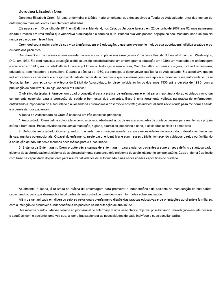 Biografia e Teoria do Autocuidado de Orem | PDF | Enfermagem