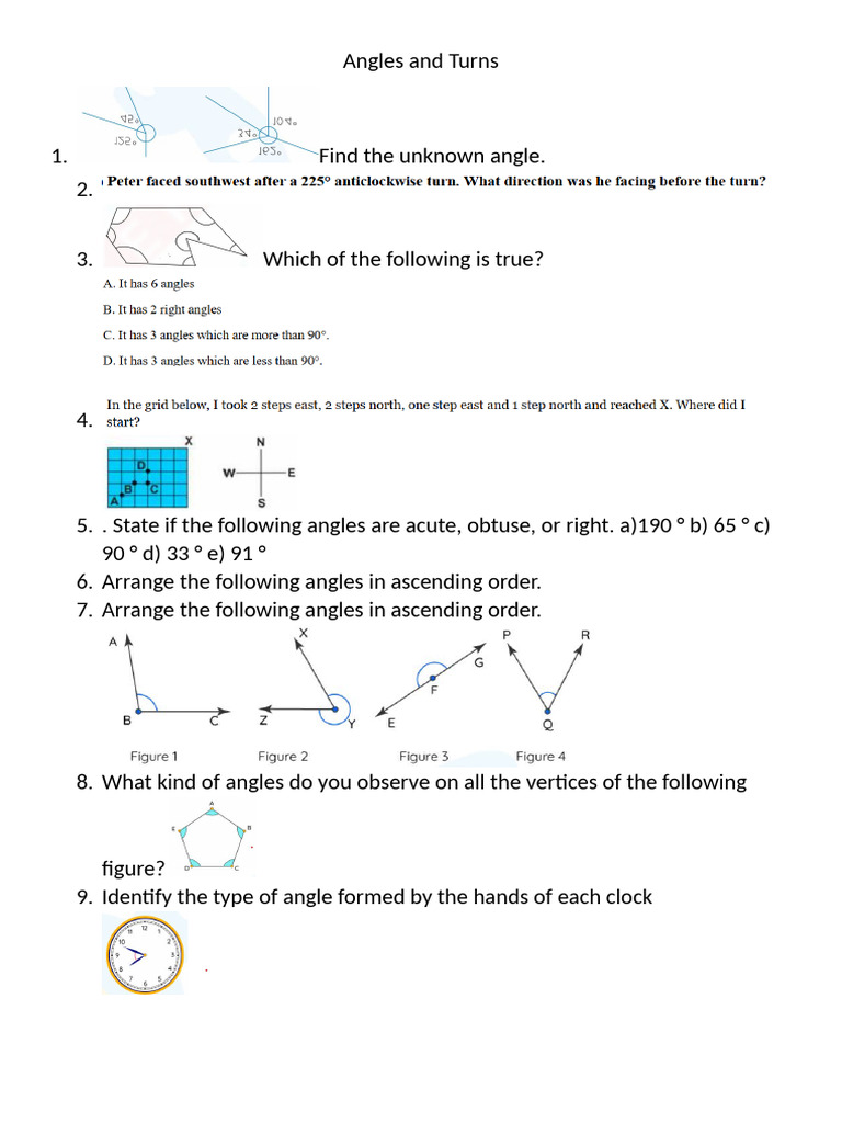 Angles and Turns Worksheet for Class 5 | PDF