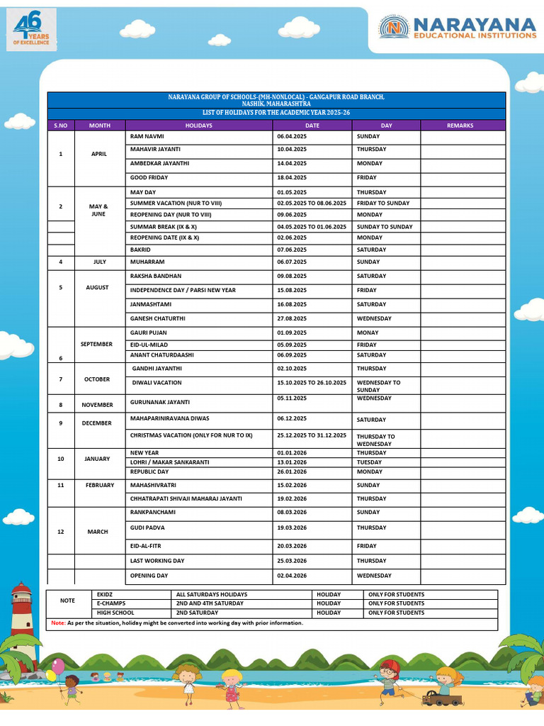 Narayana School Holidays 2025-26 List | PDF | Religious Holidays ...