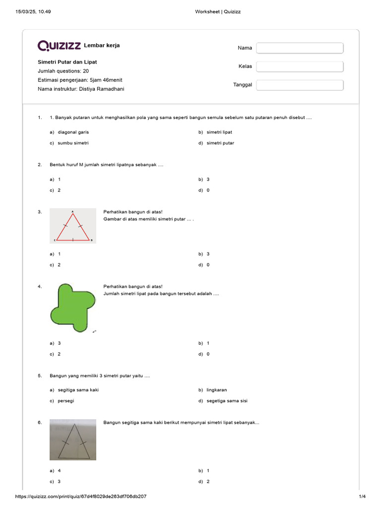 Worksheet - Quizizz Simetri Putar Dan Lipat | PDF