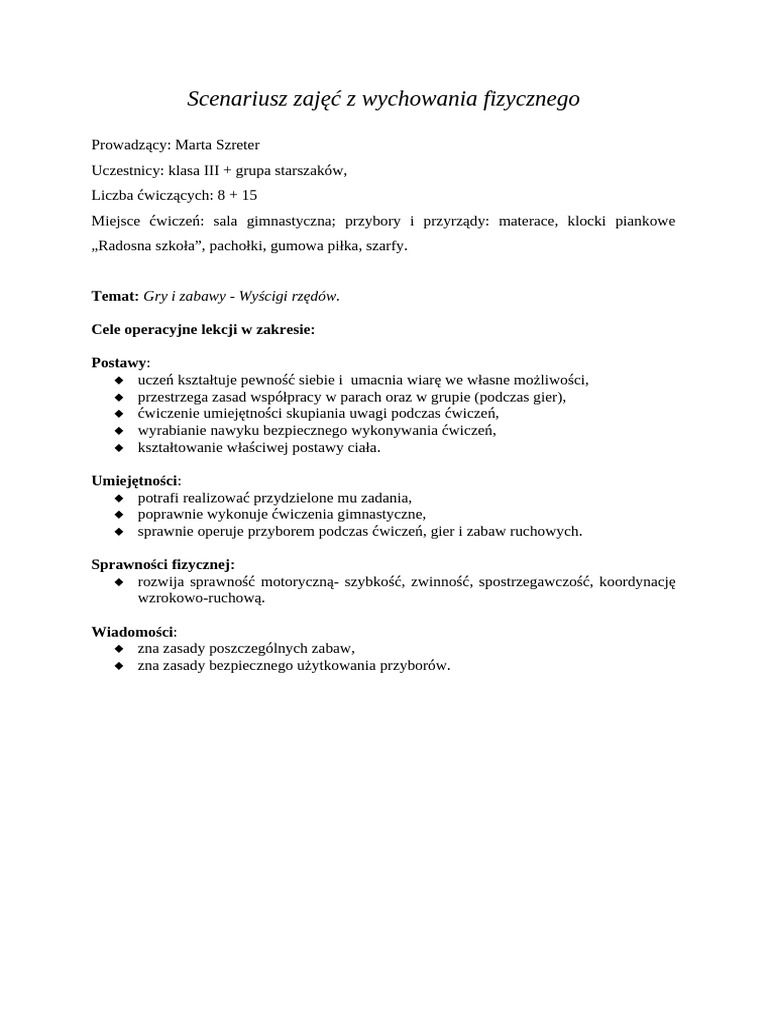 Scenariusz Zajęć - Gry I Zabawy-Klasa III | PDF