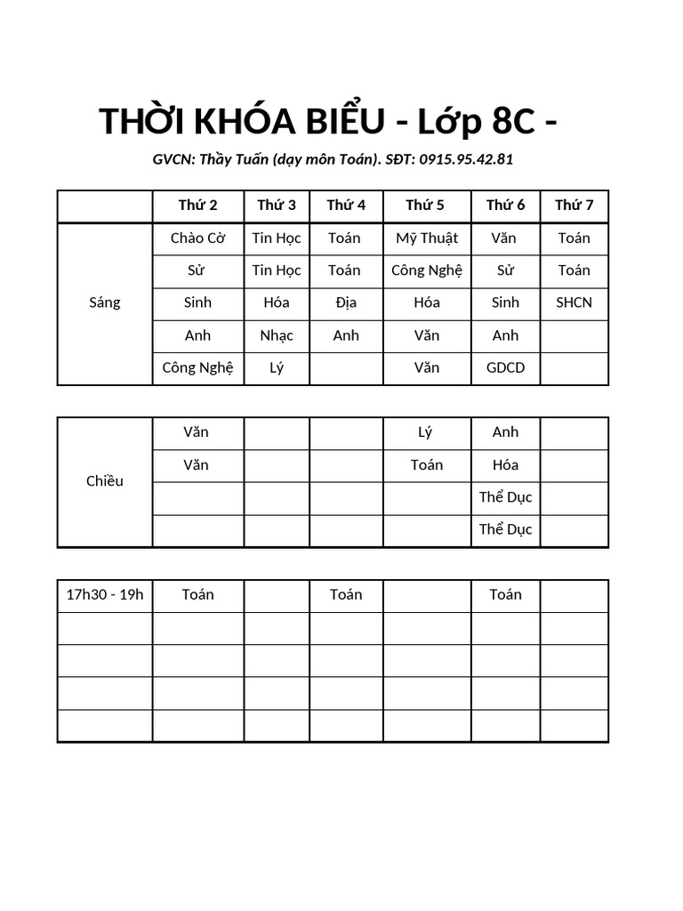 Thời Khóa Biểu 8c | PDF