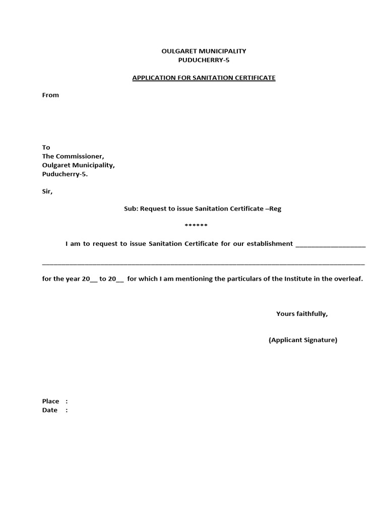 Application For Sanitation Certificate | PDF