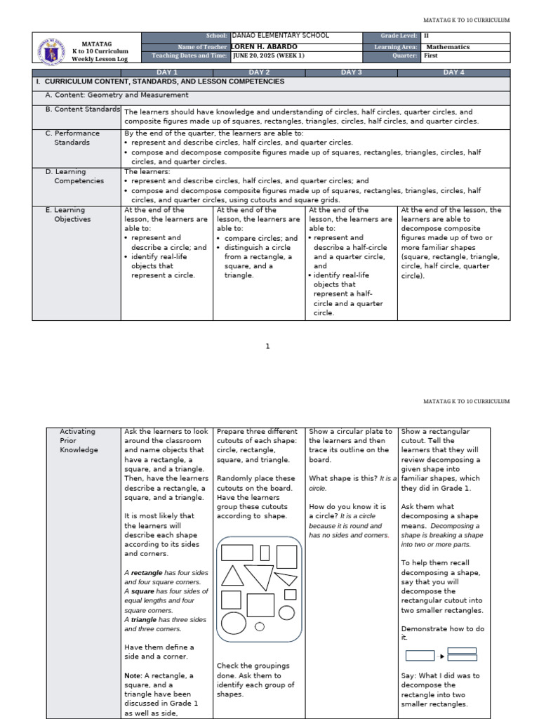DLL Matatag Mathematics 2 q1 w1 | PDF | Shape | Rectangle