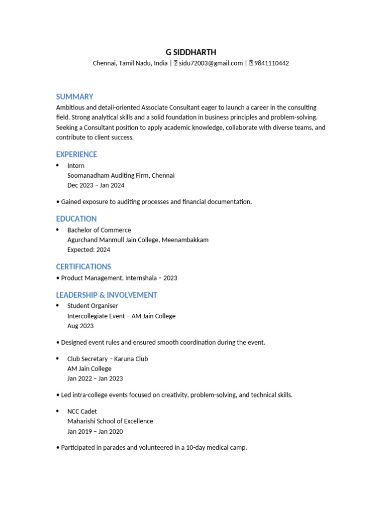 G Siddharth Resume | PDF