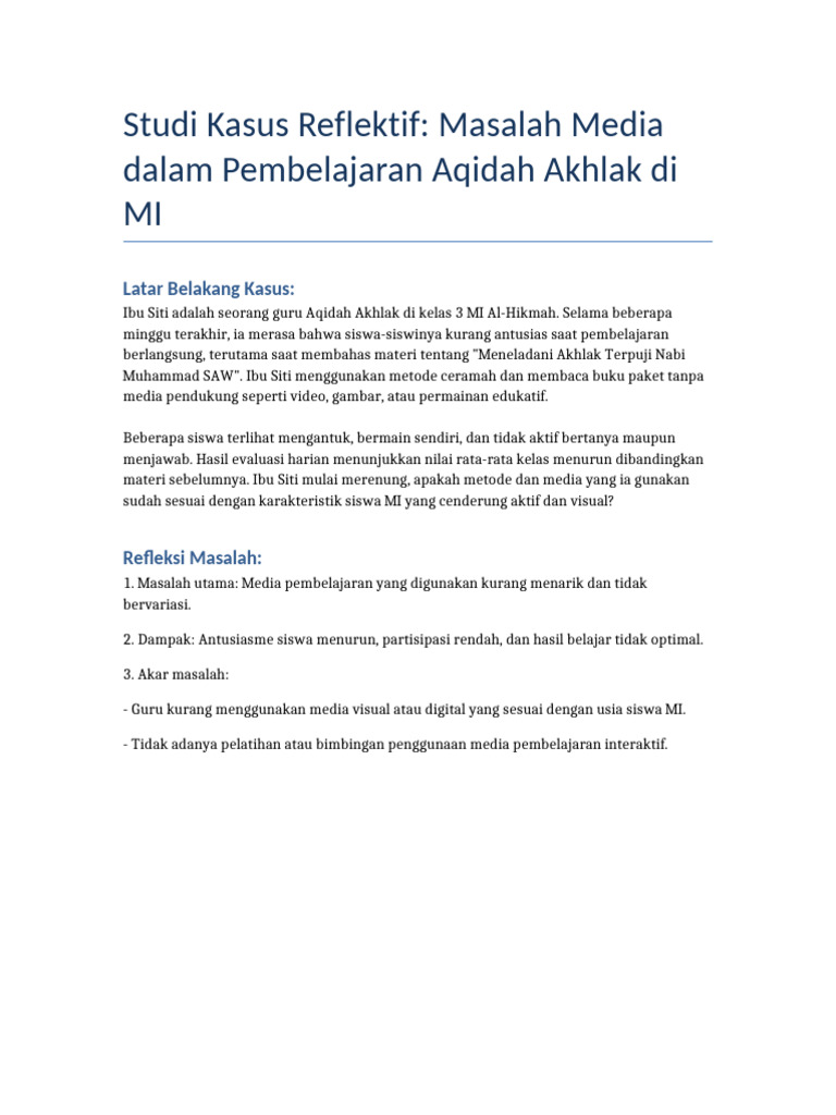 Studi Kasus Reflektif Media Aqidah Akhlak MI | PDF