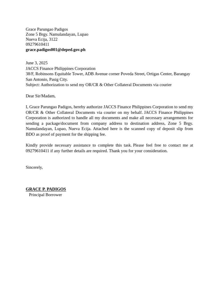 Authorization Letter To Receive My Collateral Documents Via Courier | PDF