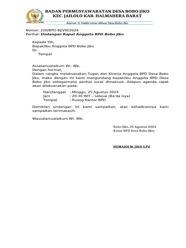 Undangan Rapat BPD Bobo Jiko | PDF