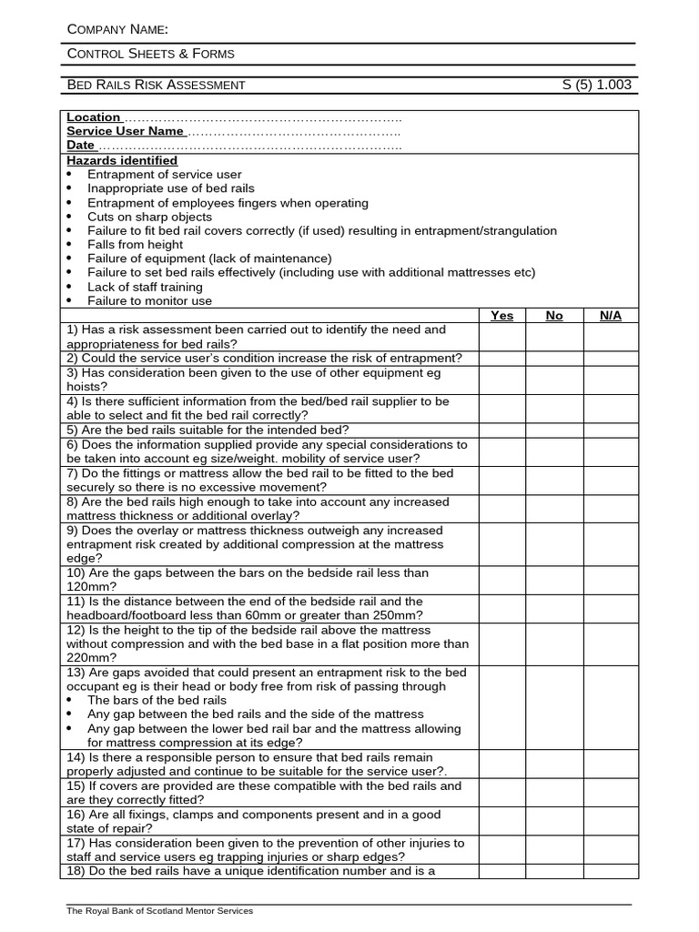 Bed Rails Risk Assessment Template | PDF | Bed | Occupational Safety ...