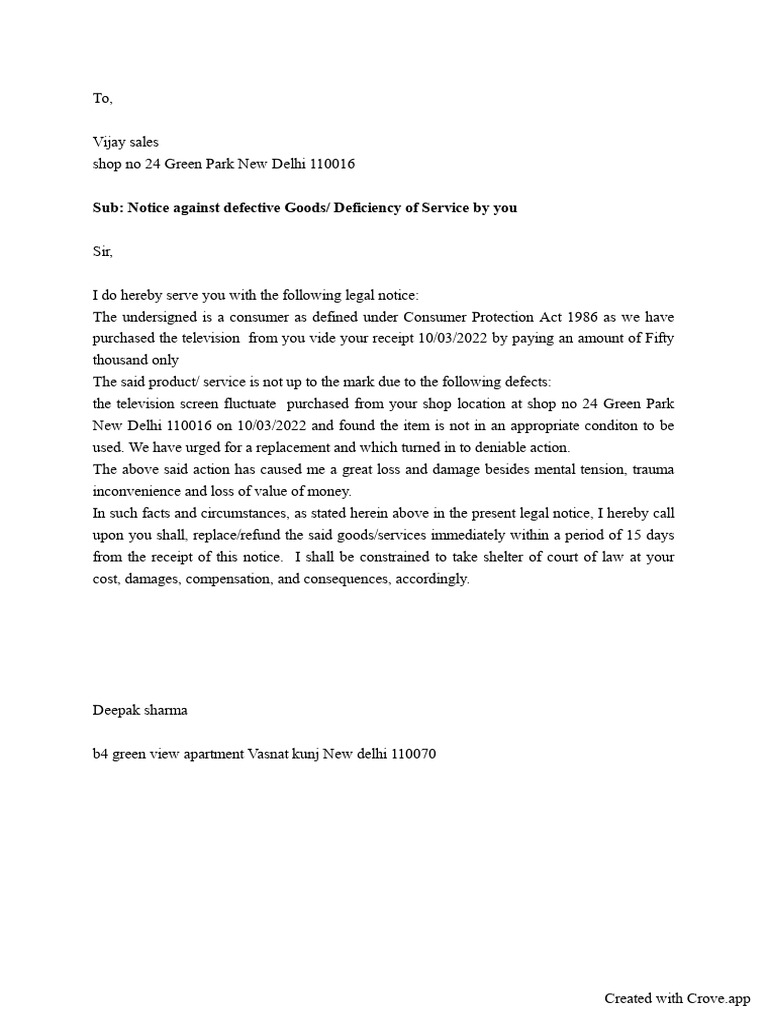 Legal Notice For Consumer Complaint | PDF