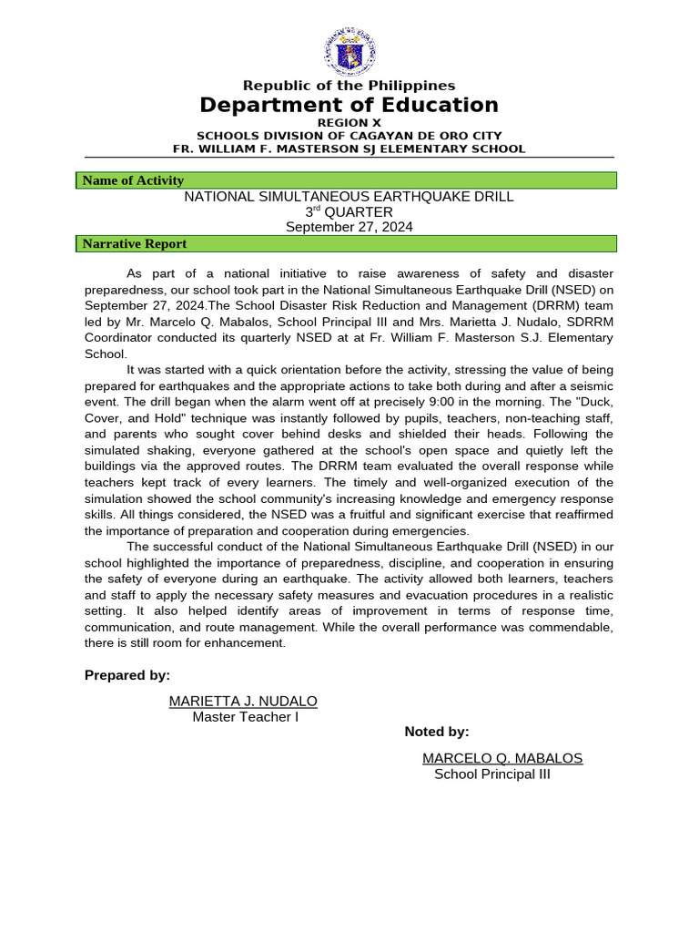 Narrative Report for SDRRM | PDF | Emergency Management | Teachers