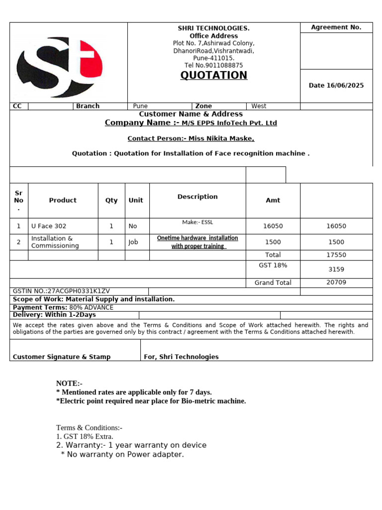 Quotation For ESSL Face Recognation Attendance Machine EPPS Infotech PVT LTD | PDF