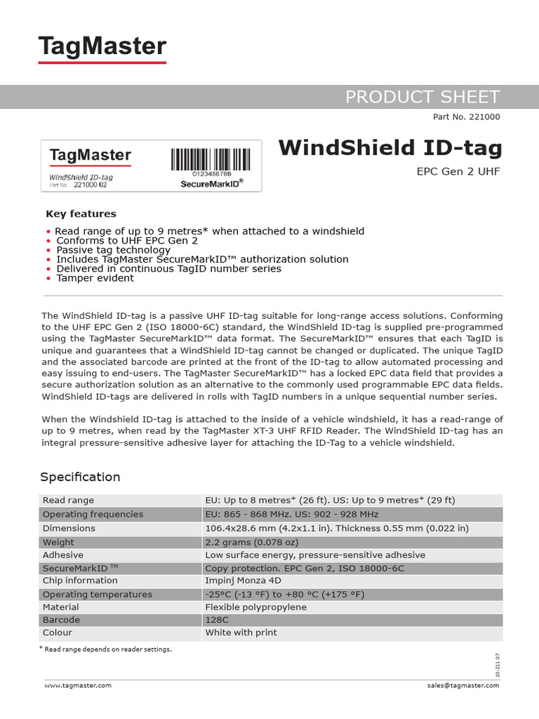 Windshield-Tag Datasheet en | PDF
