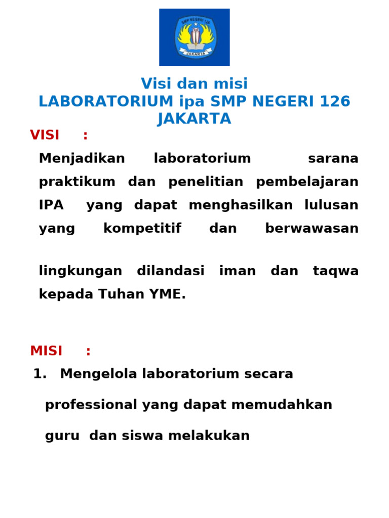 Visi dan Misi Laboratorium IPA SMP 126 | PDF
