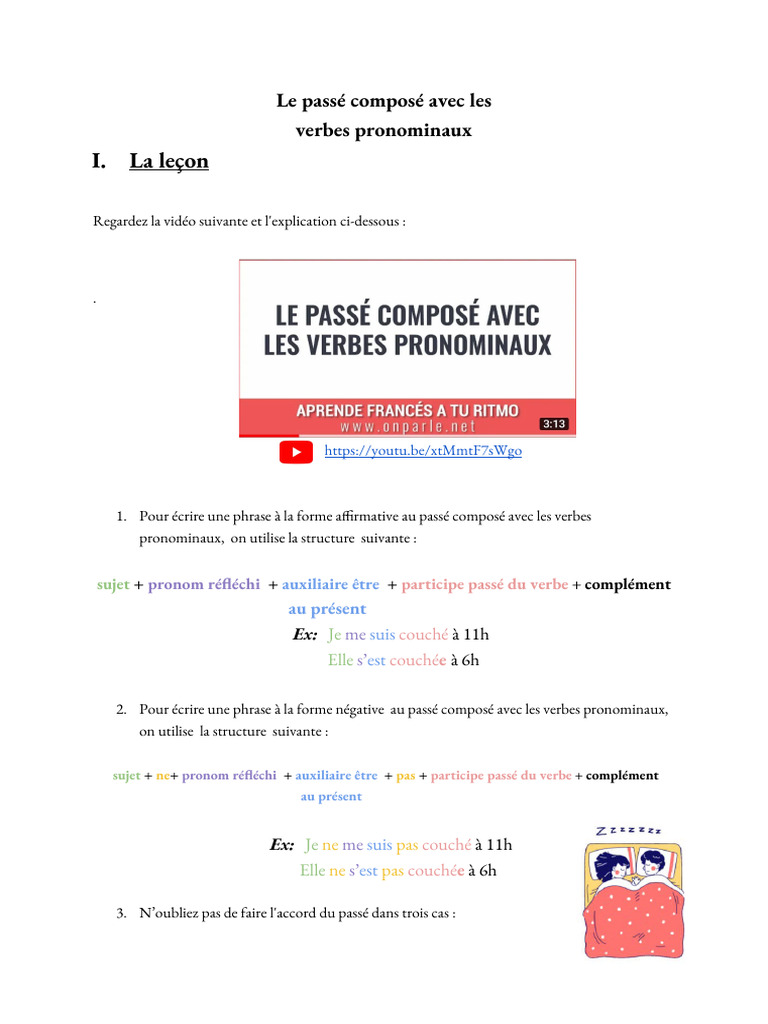 Verbes pronominaux au passé composé | PDF | Nombre grammatical | Sujet ...