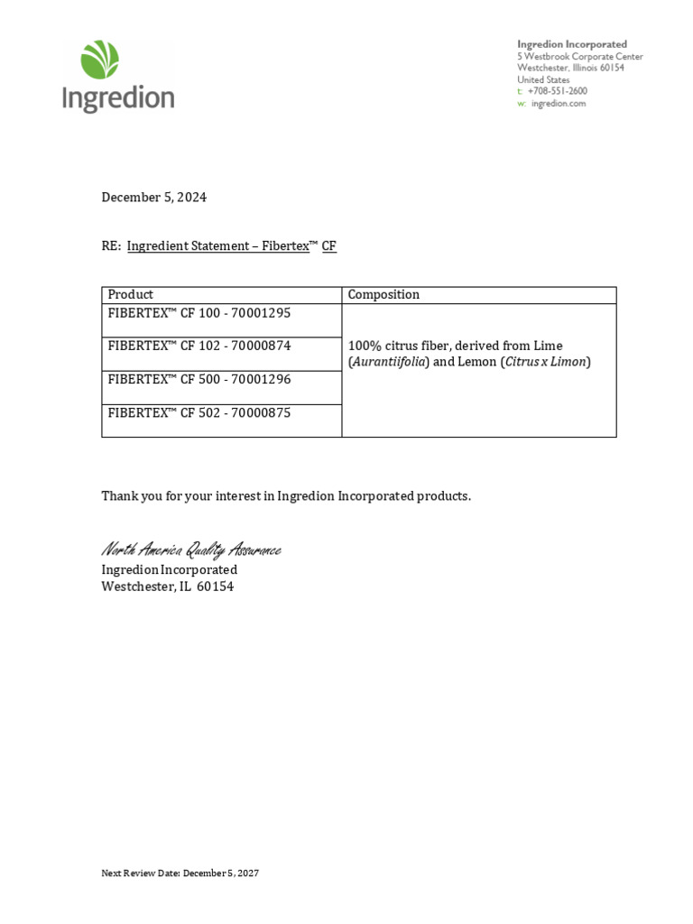 FIBERTEX CF - Ingredient Statement | PDF